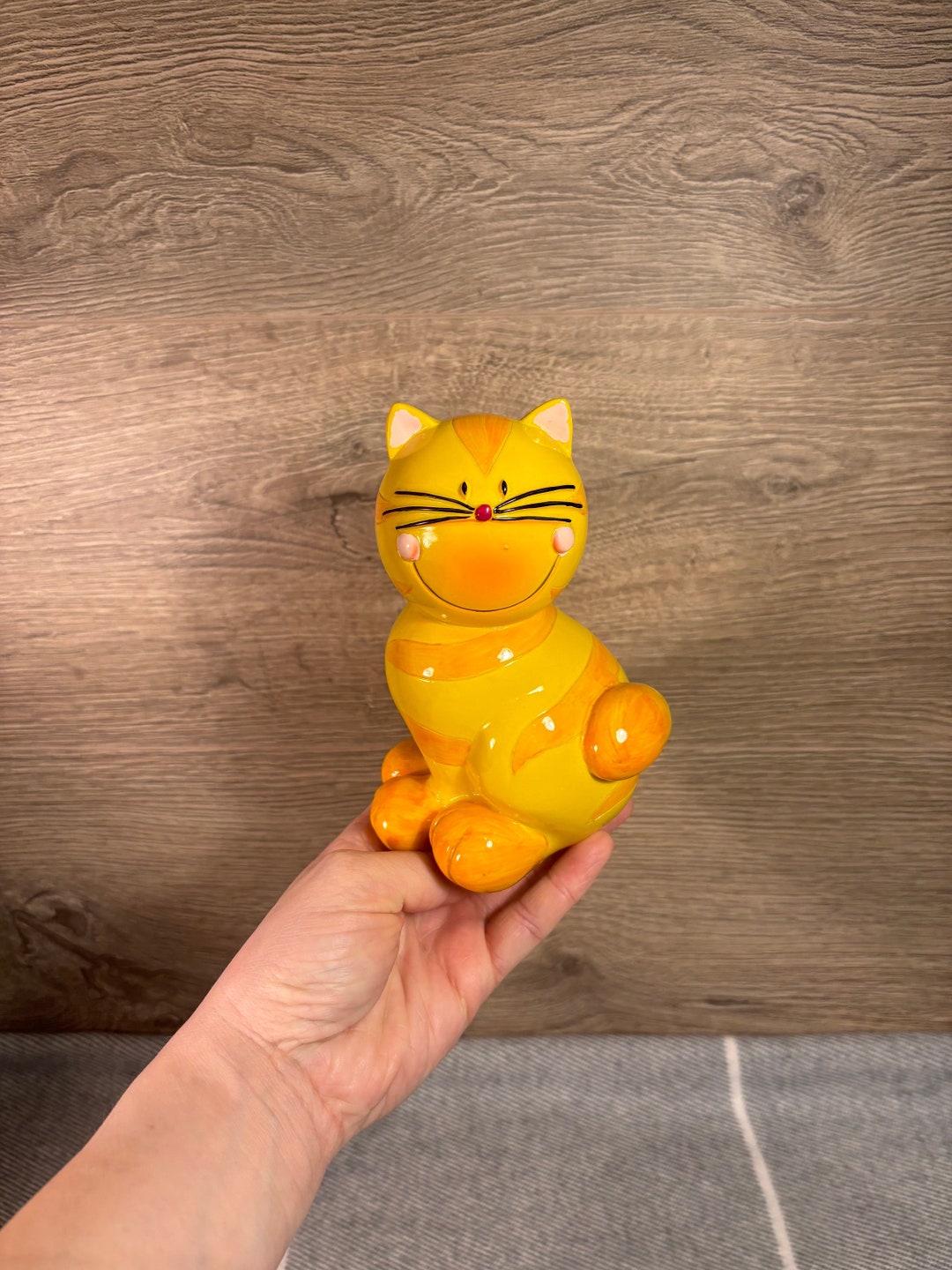 Vintage Bright Orange Ginger Yellow Happy Cat Money Box Pet Animal Cash ...