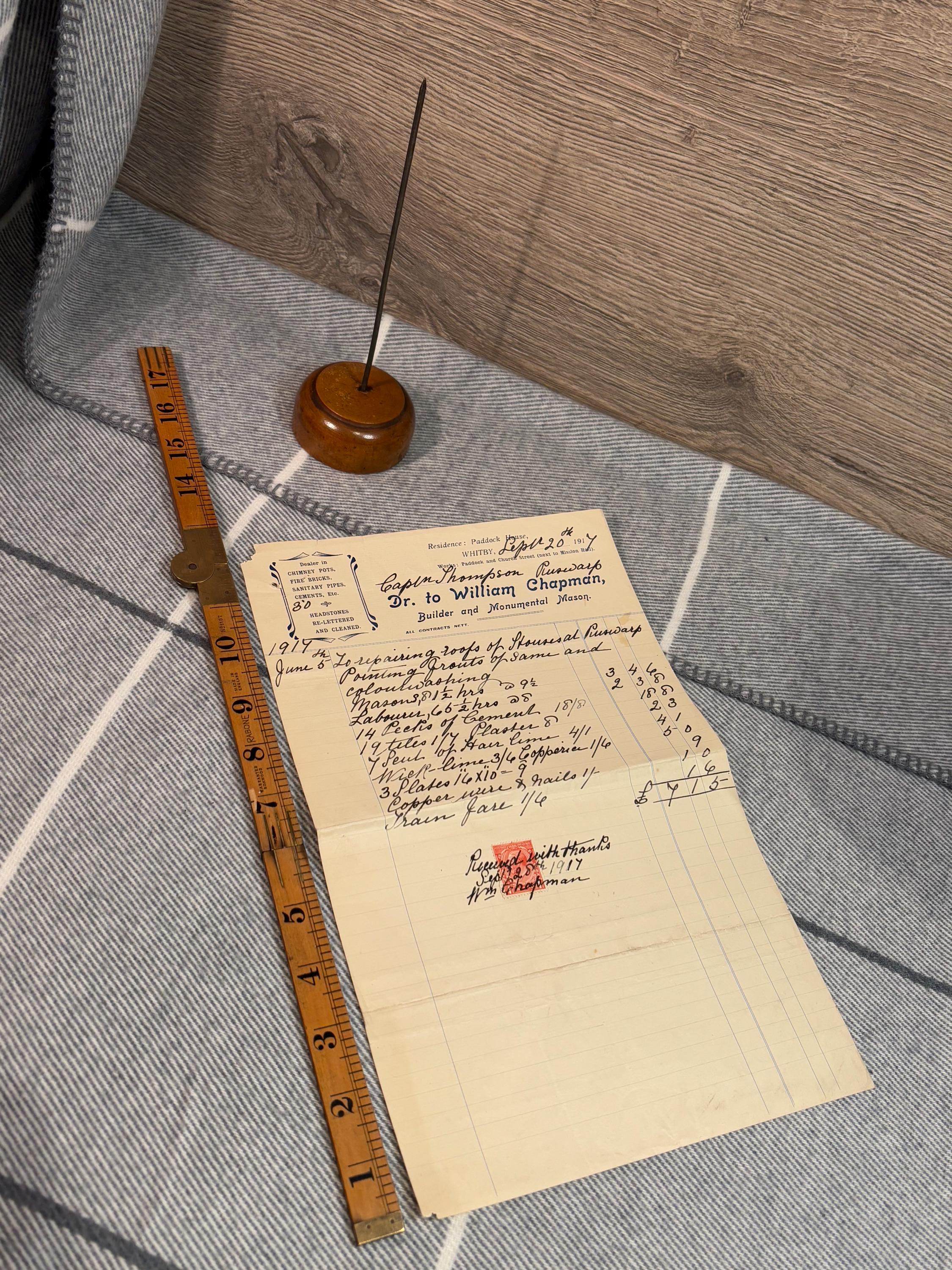 Vintage Old School Till Receipt Bill Paper Spike on Wooden Round Plinth ...