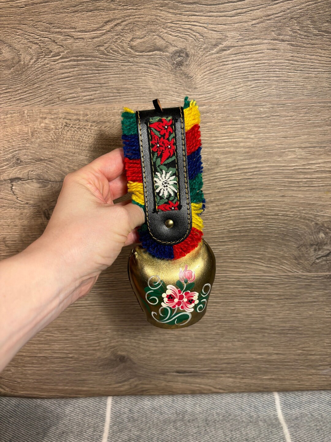 Vintage Swiss Hand Painted Pink Flower Brass Cow Goat Sheep Bell With ...