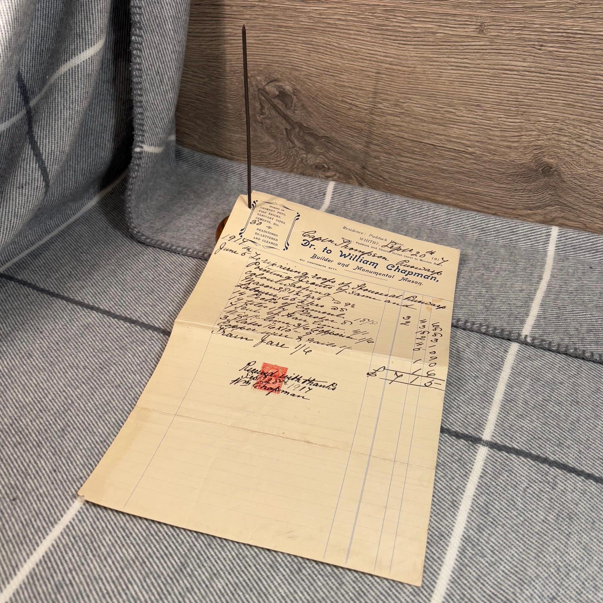 Vintage Old School Till Receipt Bill Paper Spike on Wooden Round Plinth ...