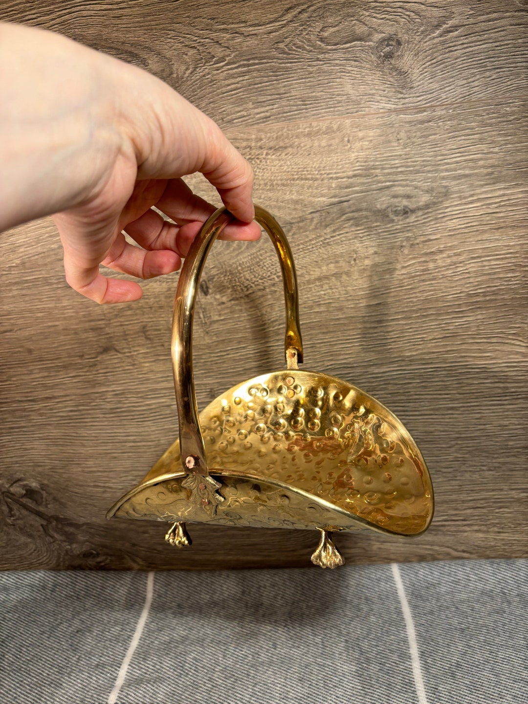 Vintage Mid Century Hammered Brass Claw Feet Mini Log Holder Basket ...