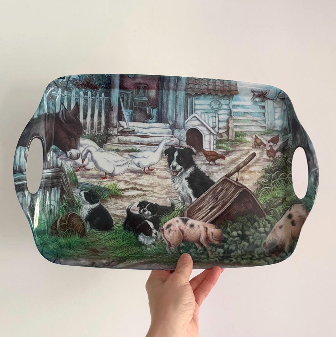 Vintage Border Collie & Farm Animals Melamine Tray | Harmonious ...