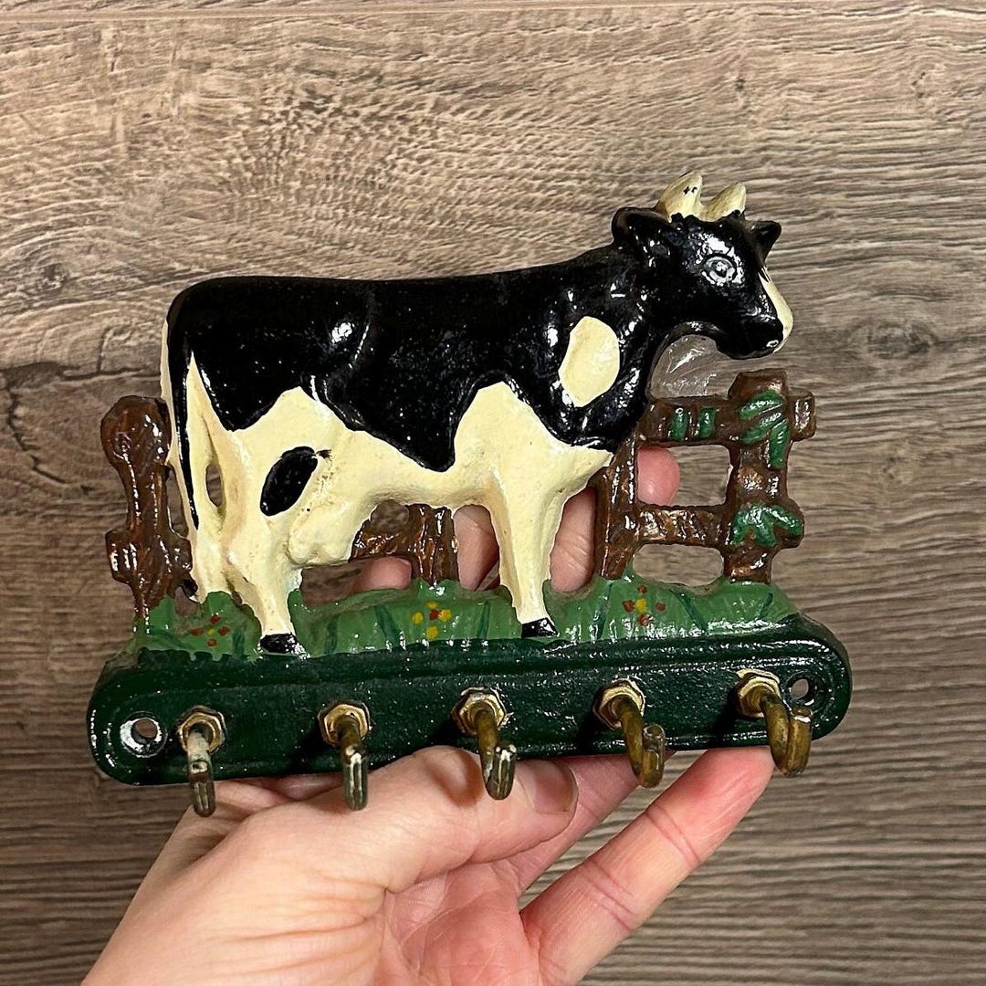 Vintage Hand Painted Cast Iron Black & White Cow Wall Key Rack Hanging ...