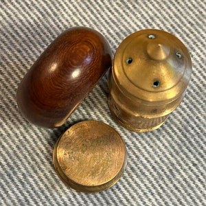 Vintage Brass and Walnut Gold Tone Wooden Salt and Pepper Shakers- 1 is ...