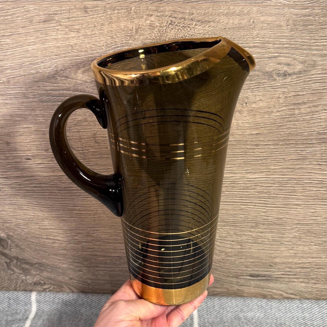 Vintage 1.3kg Gilded Smoked Brown Glass Tall Heavy Water Lemonade ...