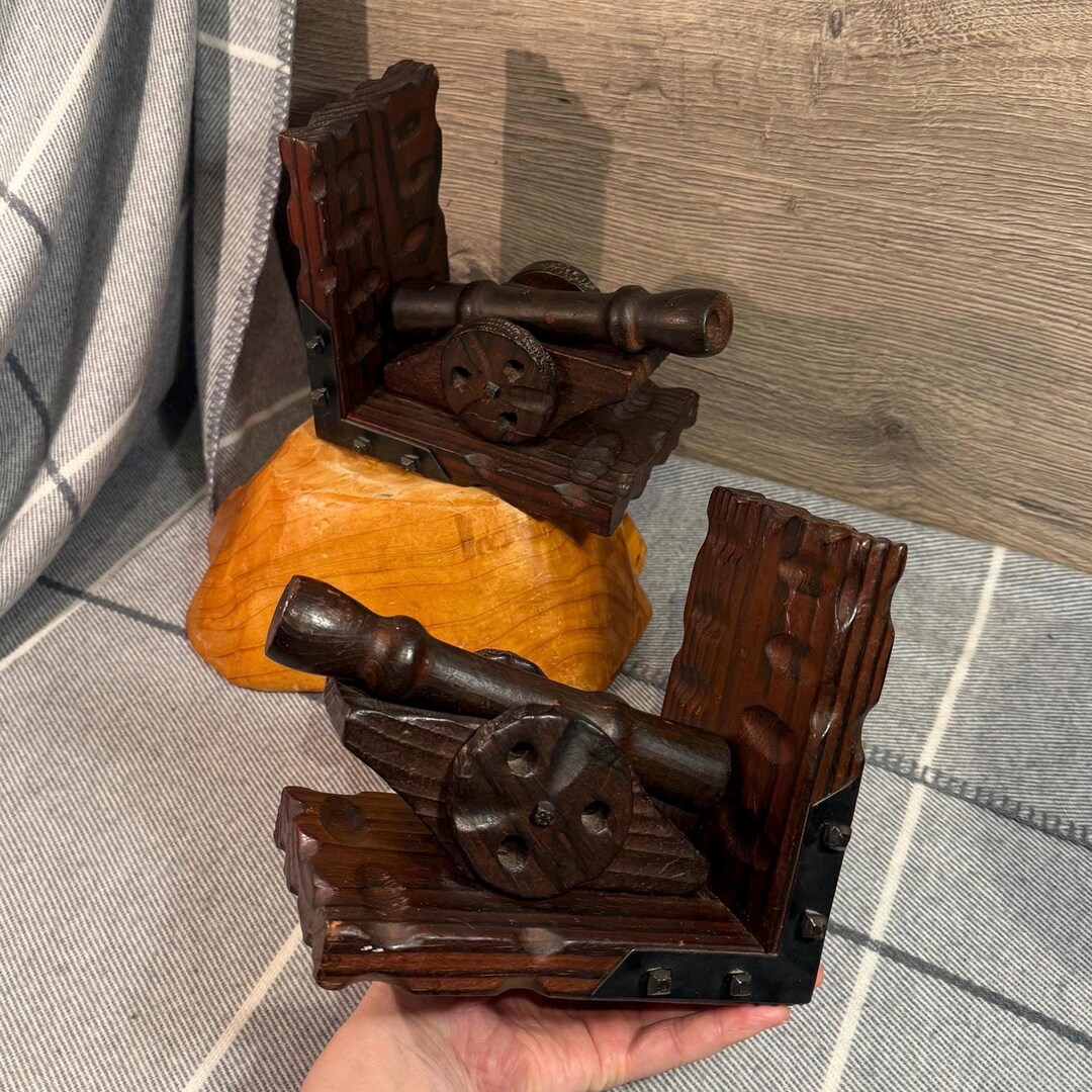 Vintage Hand Carved Wooden Medieval Riveted Pair of Cannon Bookends ...