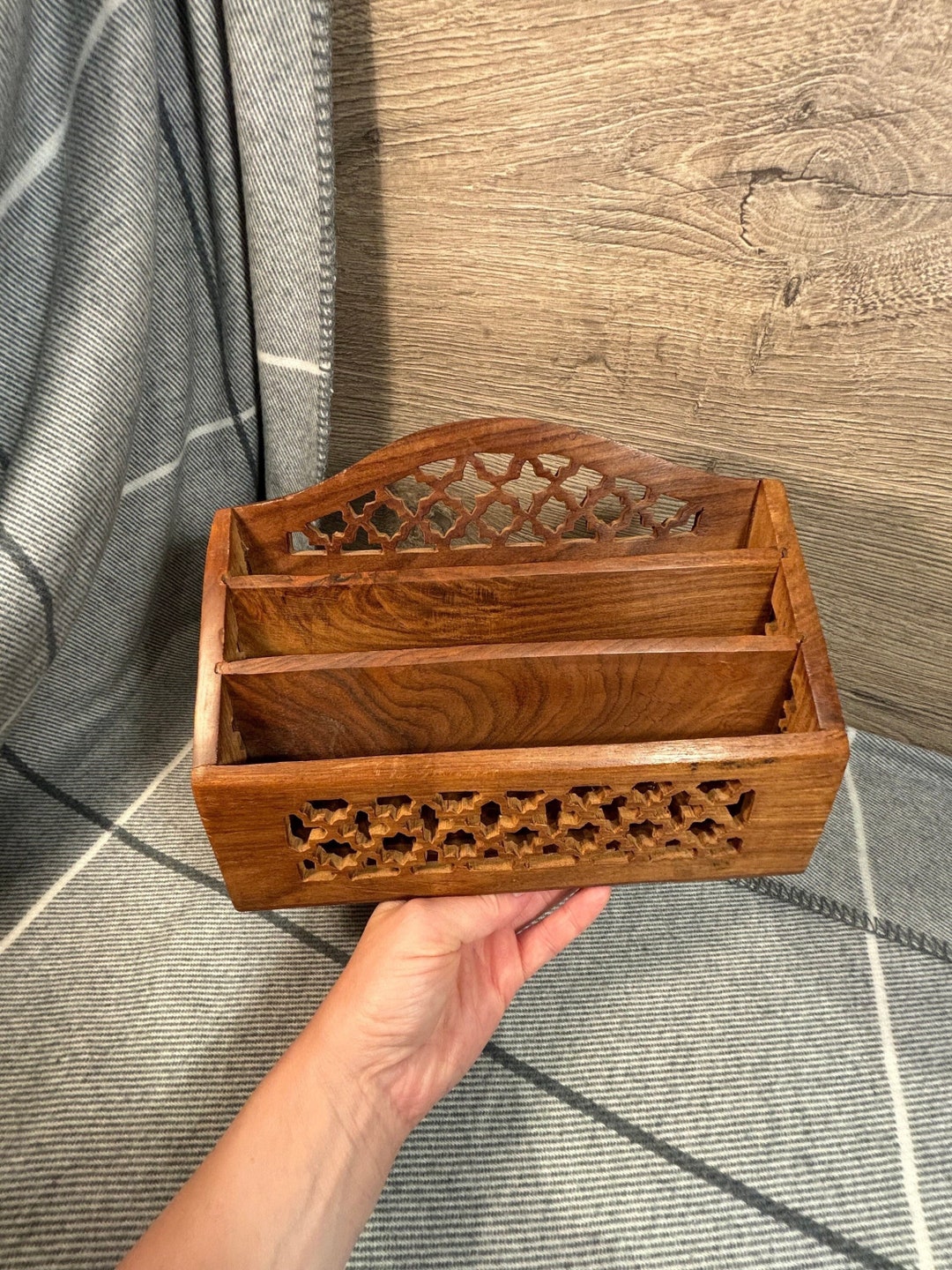 Vintage Hand Crafted Brown Wood Letter Rack Holder Wooden Study Desk ...