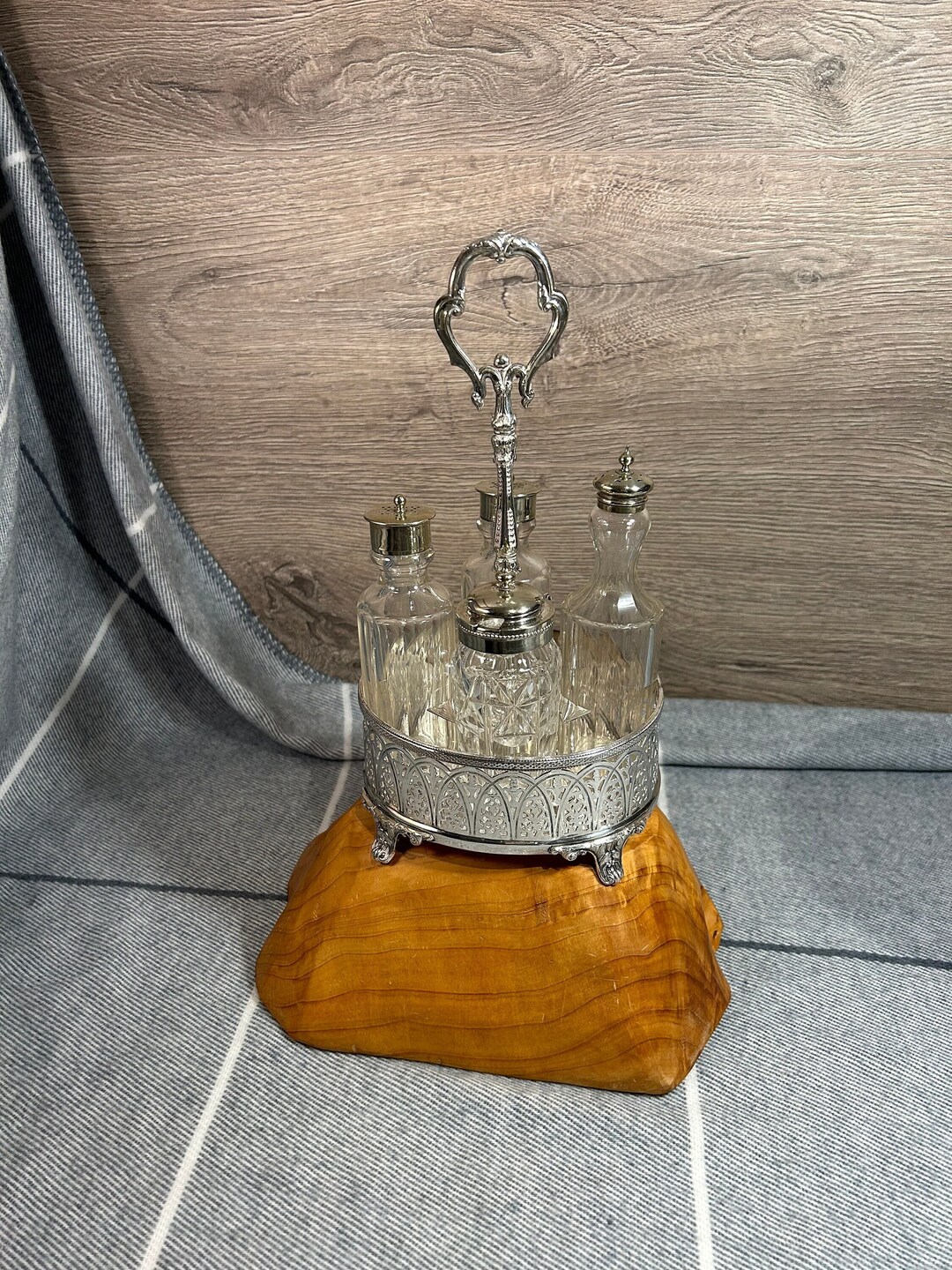 Vintage Antique Four Bottle EPNS Silver Plated Glass Cruet Condiment ...