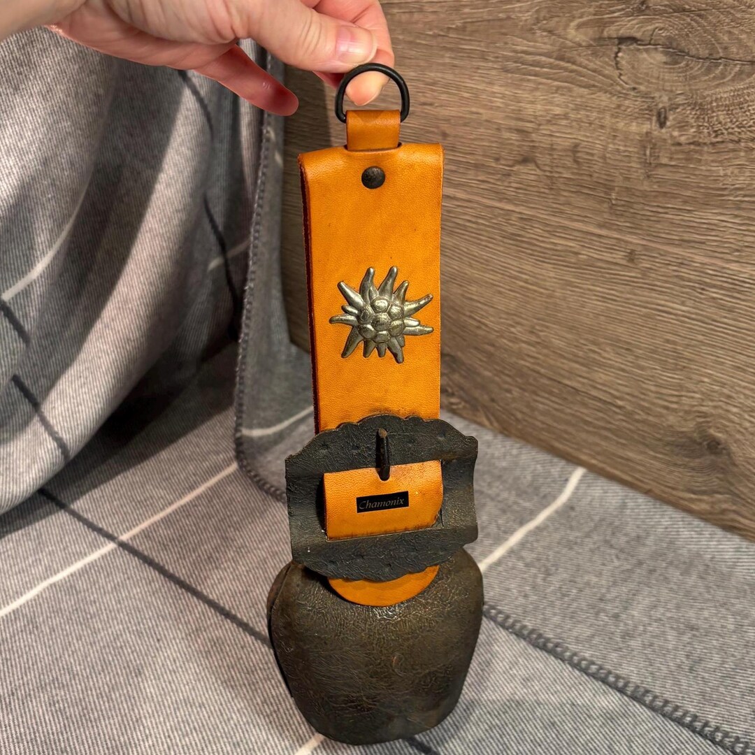 Vintage Chamonix Large Rustic Metal Large Cow Bell on Wide Tan Leather ...