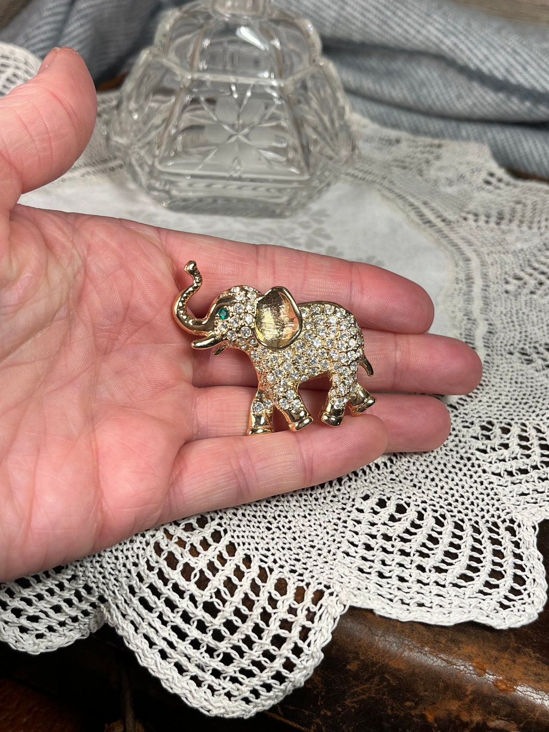 Vintage Signed ROMAN Gold Tone Rhinestone Happy Baby Elephant Brooch ...