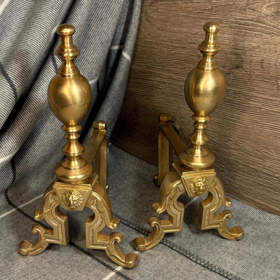 Vintage Brevetatto Italy Lion Head Brass Fire Dogs | MCM Mediterranean ...