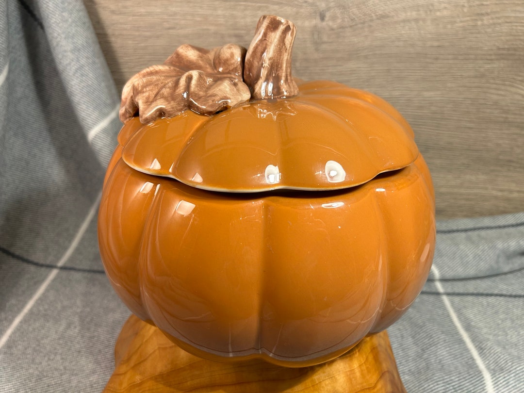 2018 Laura Ashley Hand Painted Pumpkin Serving Dish Glazed Pumpkin Candy Bowl Burnt Orange ...