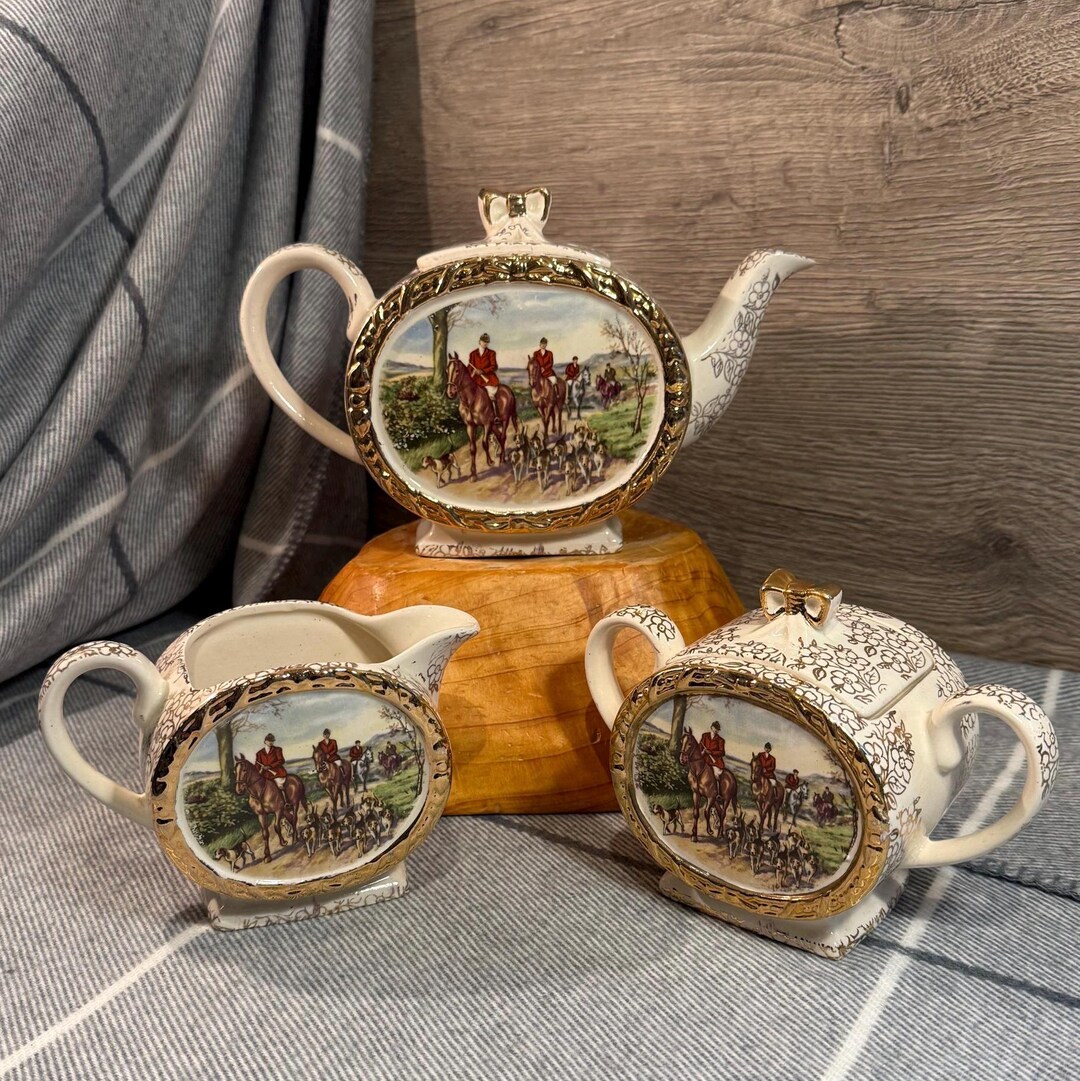 Vintage Sadler England Red Fox Hunting Uniform Gilded Teapot Set of 3 ...