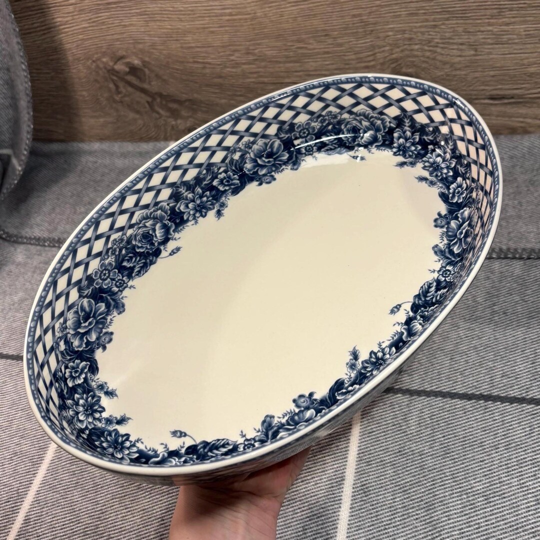 Vintage Heavy Stoneware Oval Blue Flower Oven Roaster Dish | Rosemore ...