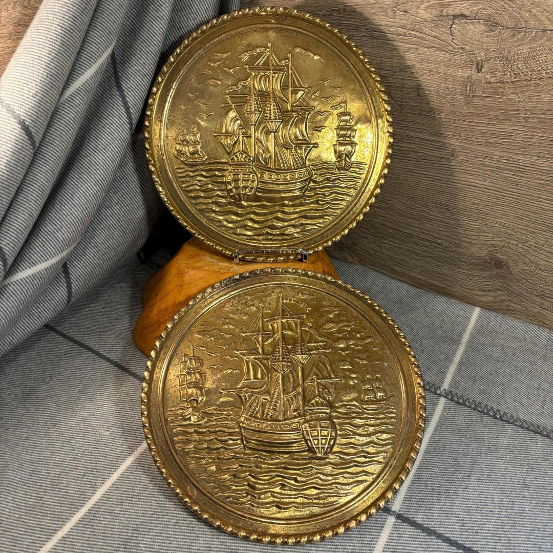 Vintage 2 Ships Rustic Hammered Brass Plate Wall Hangings Made in ...