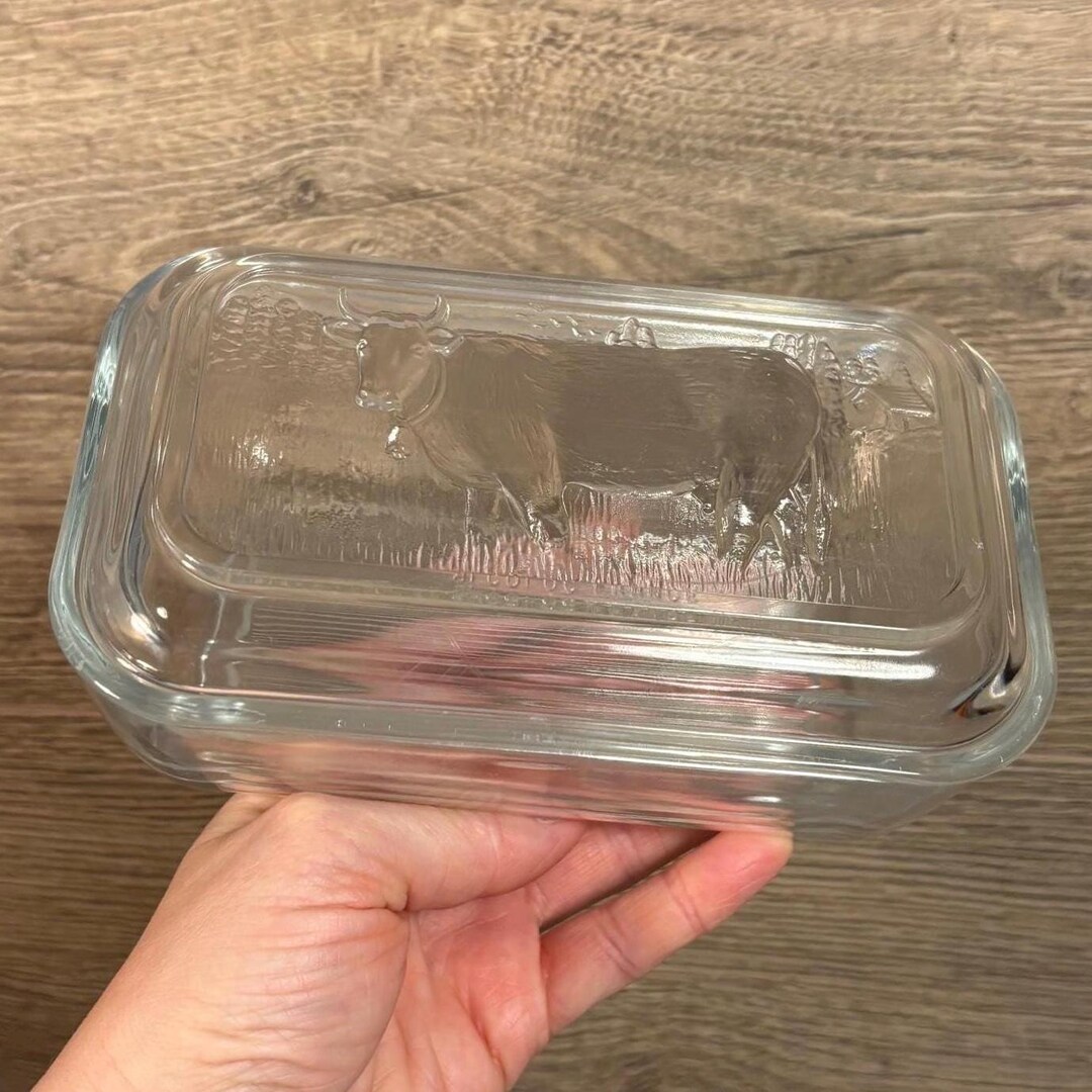 Vintage Arcoroc French Clear Glass Rectangular Embossed Cow With a Bell ...