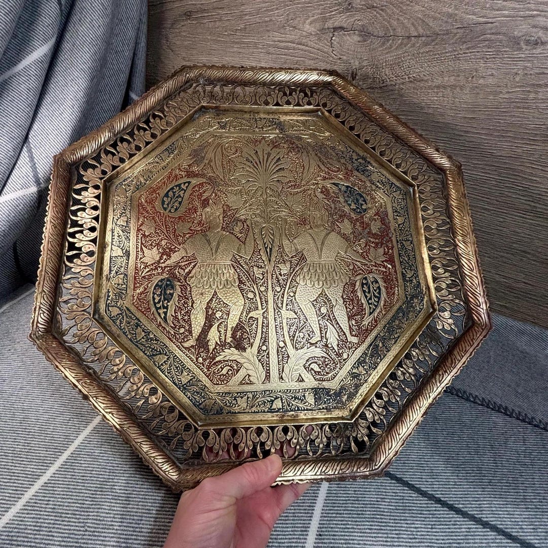 Vintage Middle Eastern Hand Etched Brass Octagonal Tray Engraved With ...