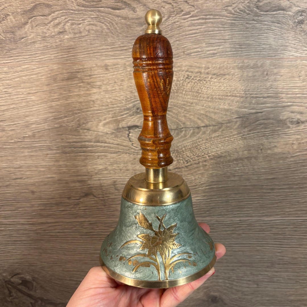 Vintage Enamelled Brass Desk Bell With Wooden Handle | Hand Held Tall ...