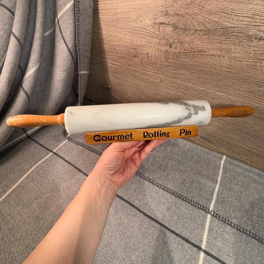 Vintage Grey Marble Gourmet Rolling Pin With Wooden Handles & Cradle ...