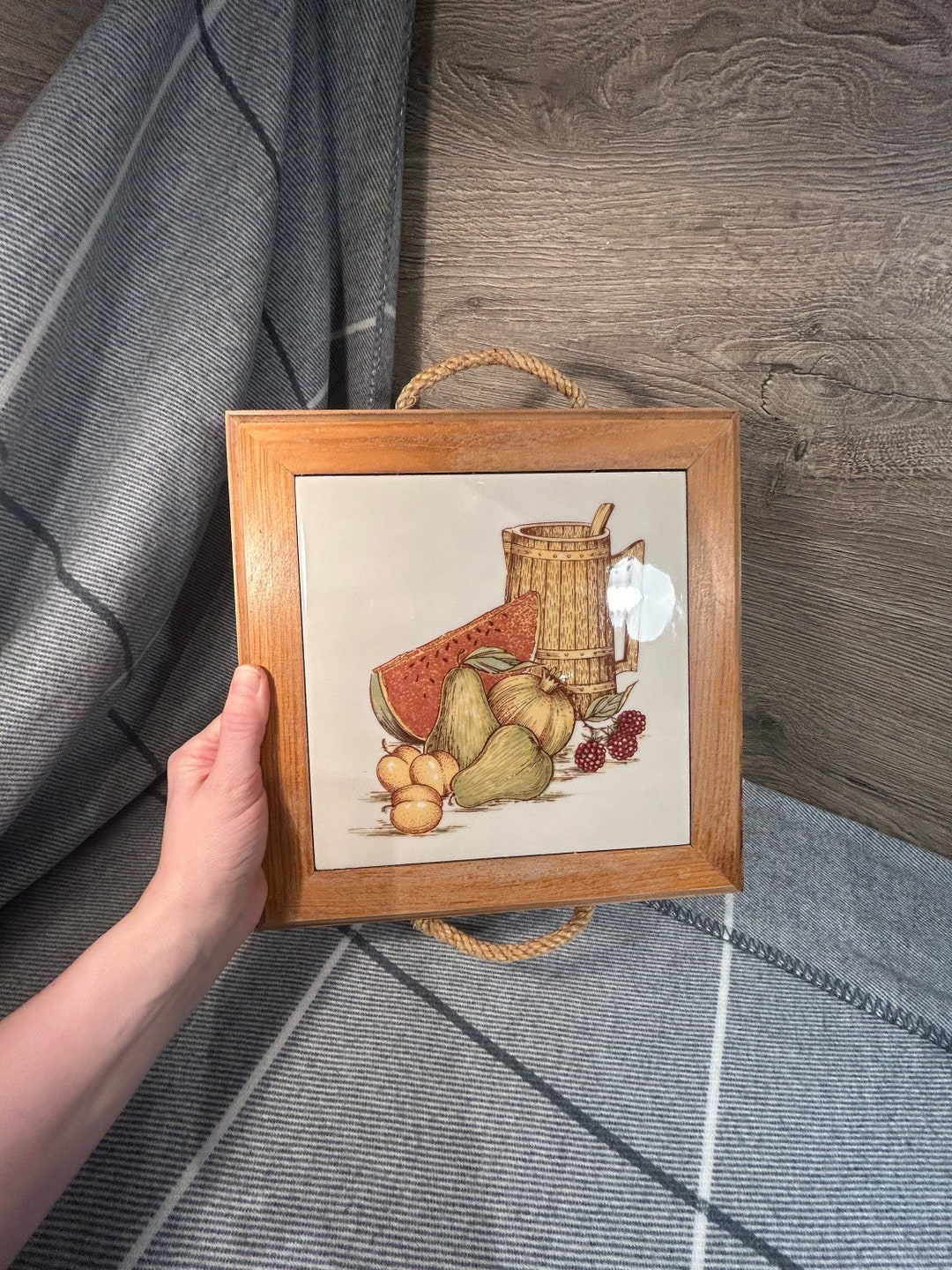 Vintage Wooden Food Cutting Board Tray With Fruit & Wooden Tankard Tile ...