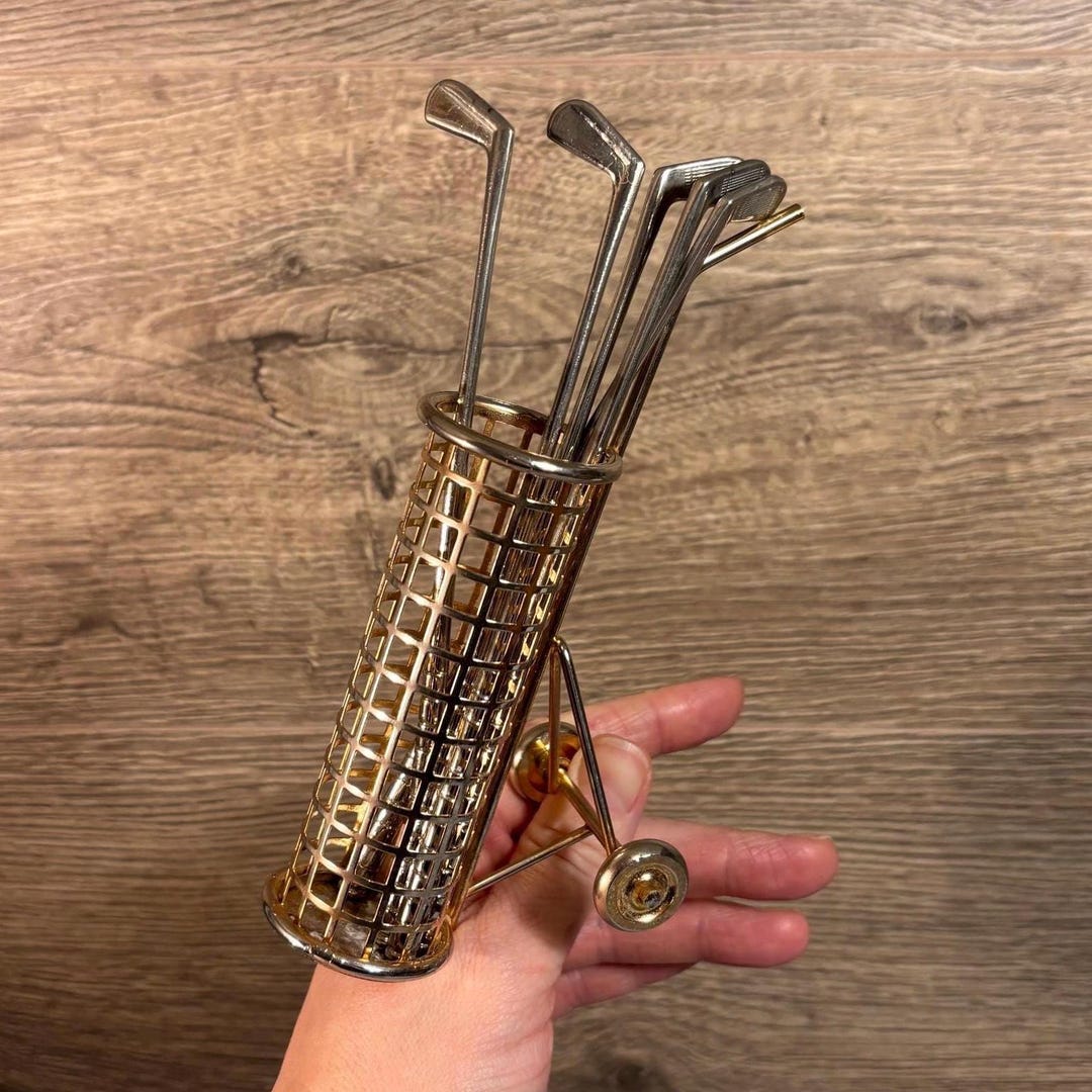 Vintage Novelty Golf Club Swizzle Sticks in Wire Mesh Cart on Wheels ...