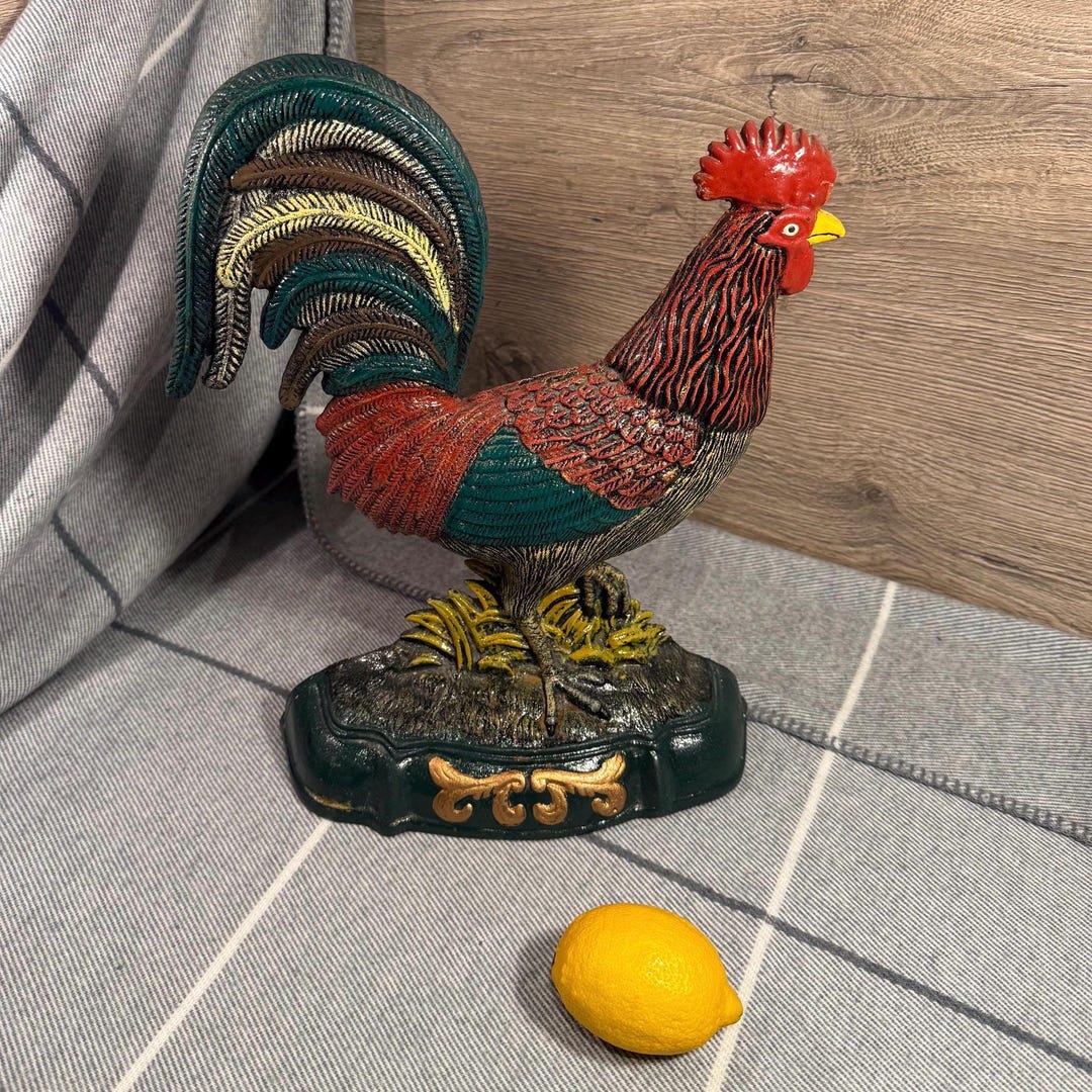 Vintage 3.9kg Solid Cast Iron Rooster Door Stopper | Colourful Cockerel ...