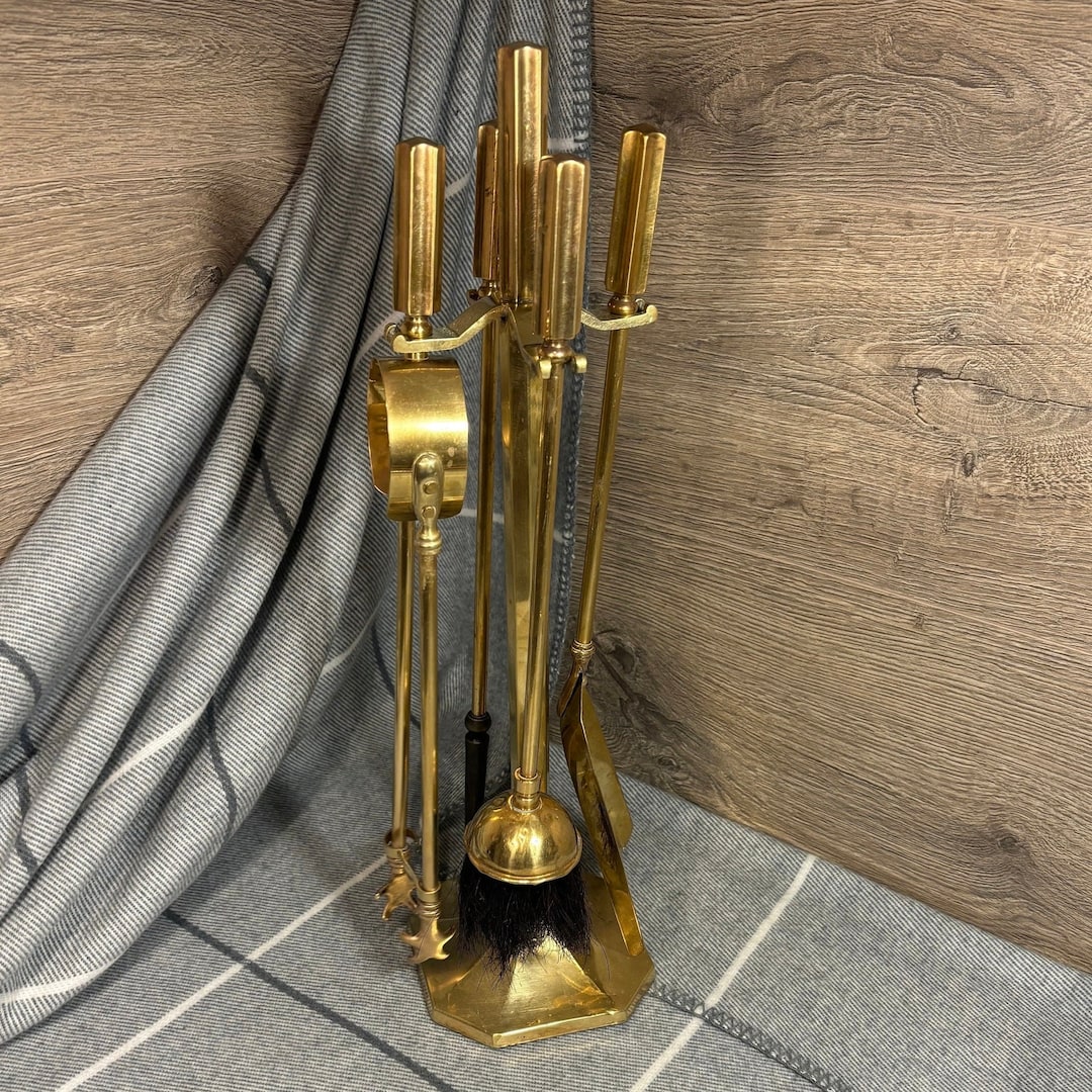 Vintage Solid Brass Fireside Companion Set Medium Sized Holder Base and ...