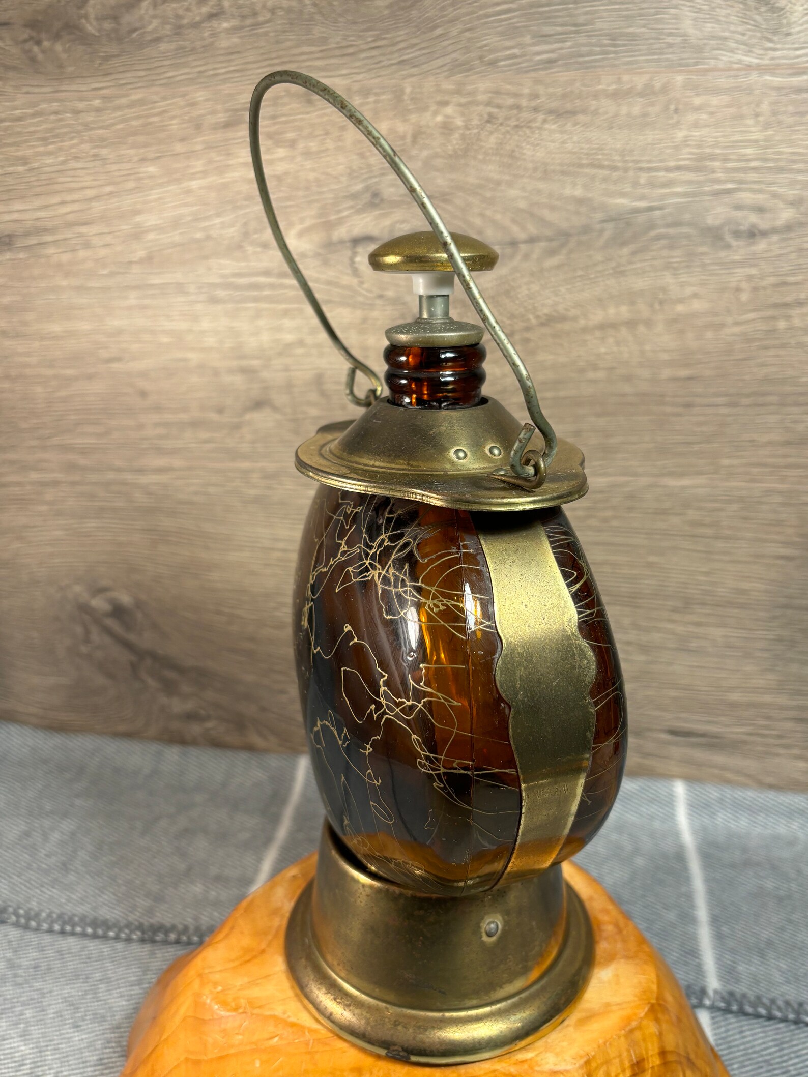 Vintage Mid Century Amber Brown Glass & Brass Musical Lantern Style ...