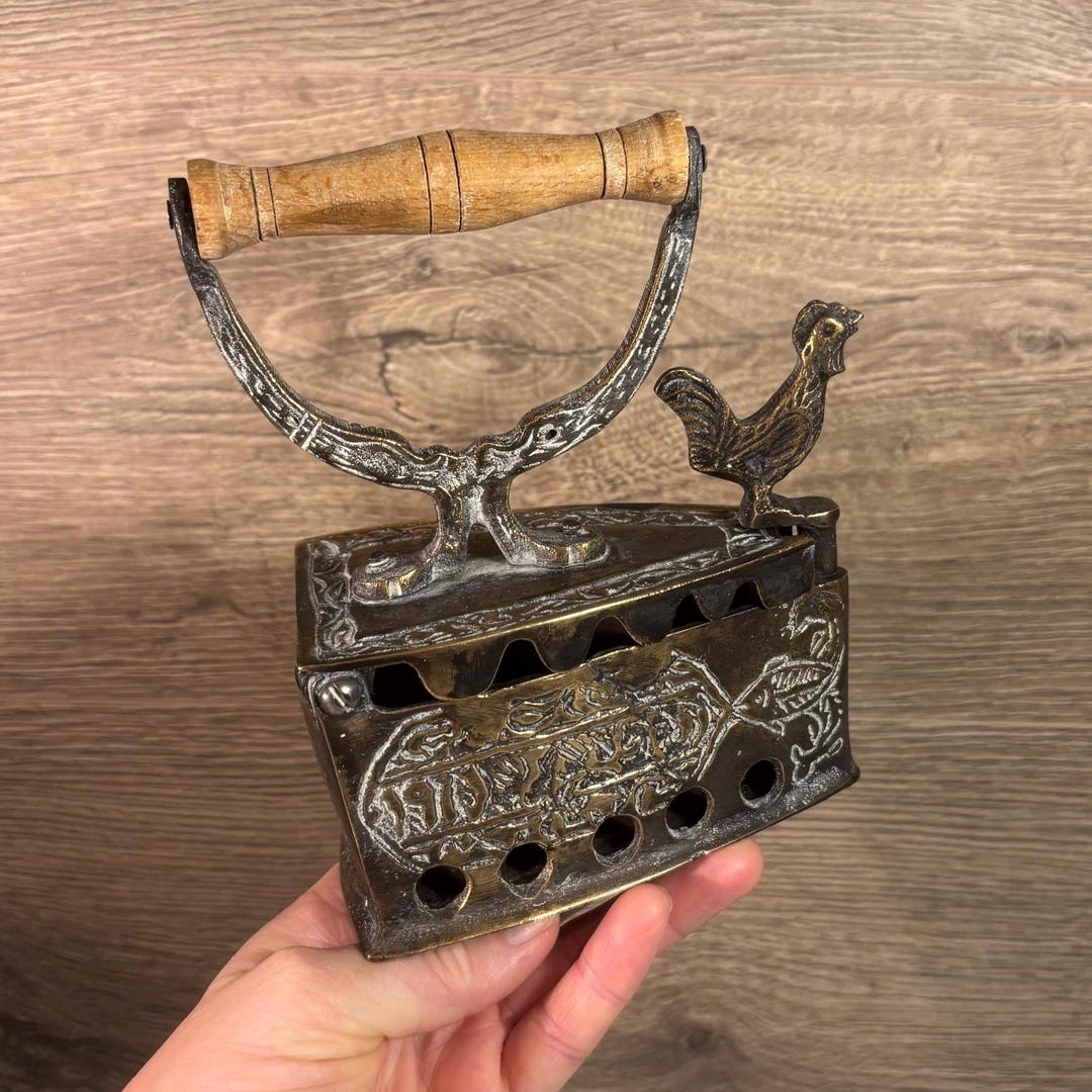 Vintage Brass Little Rooster Mini Coal Iron With Wooden Handle | Rustic ...