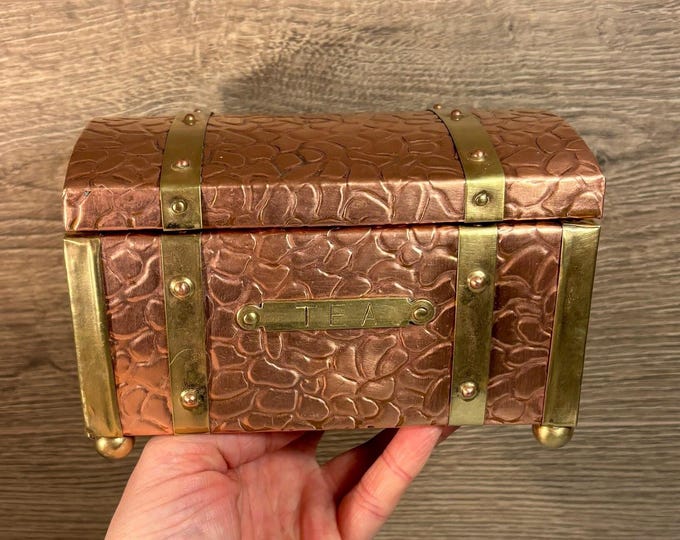Vintage Brass & Copper Treasure Chest Lidded Tea Caddy Made in England ...