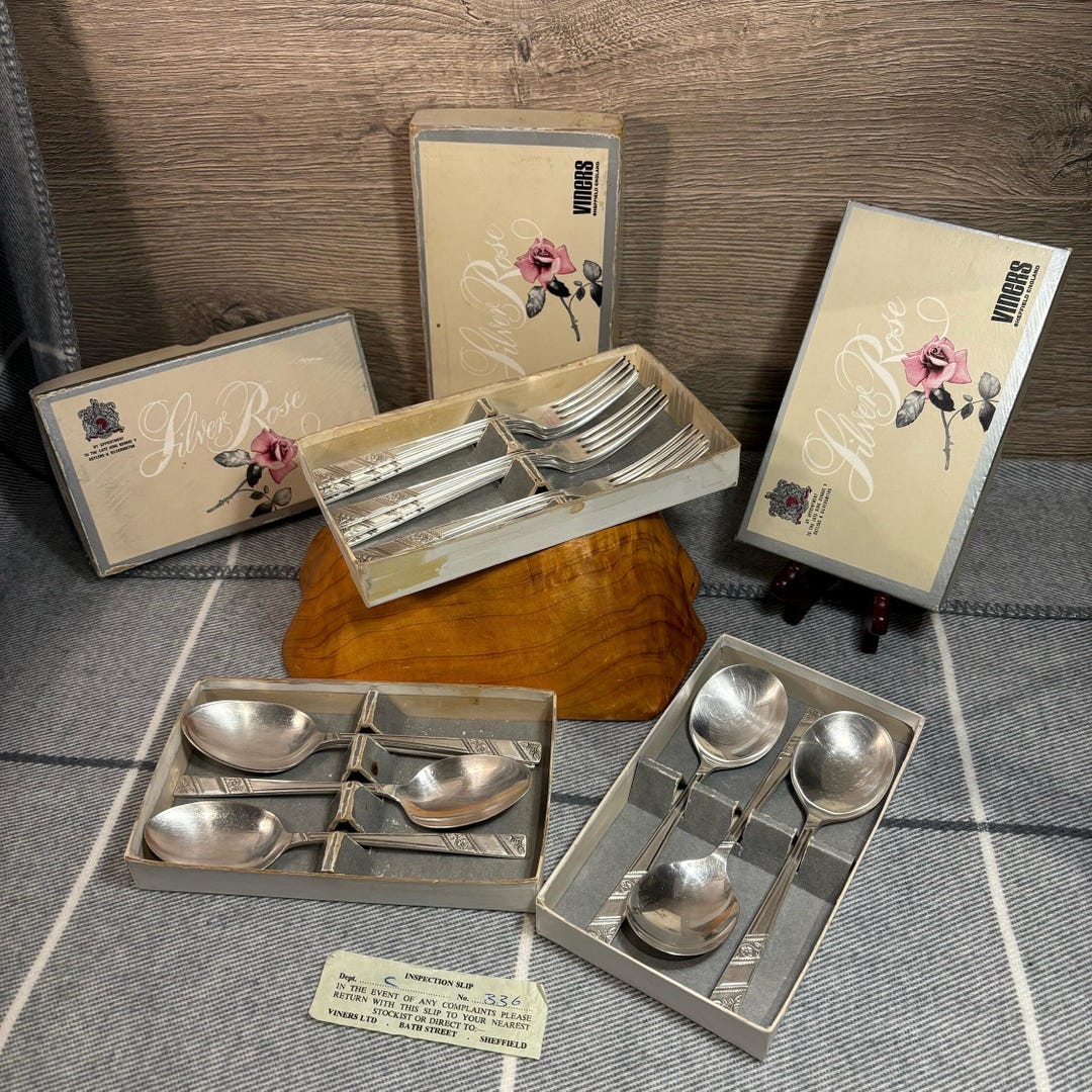 Vintage Viners Silver Rose Set of Table Forks, Dessert & Soup Spoons in ...