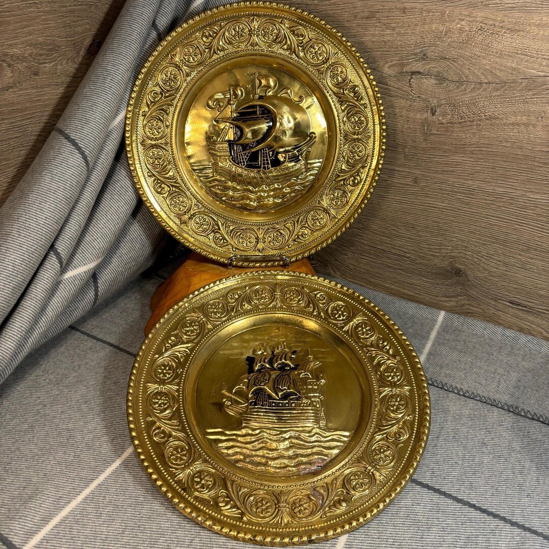 Vintage 12" Two Rustic Hammered Brass Plate Wall Hangings Made in ...