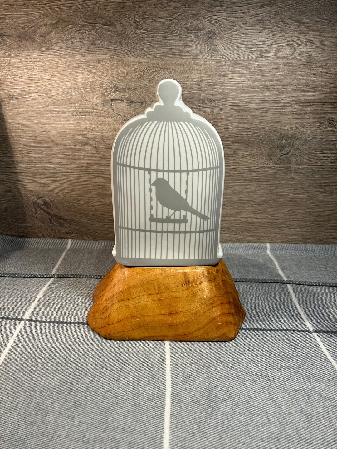 Preloved Grey & Cream Ceramic Tall and Flat Small Bird in Birdcage ...