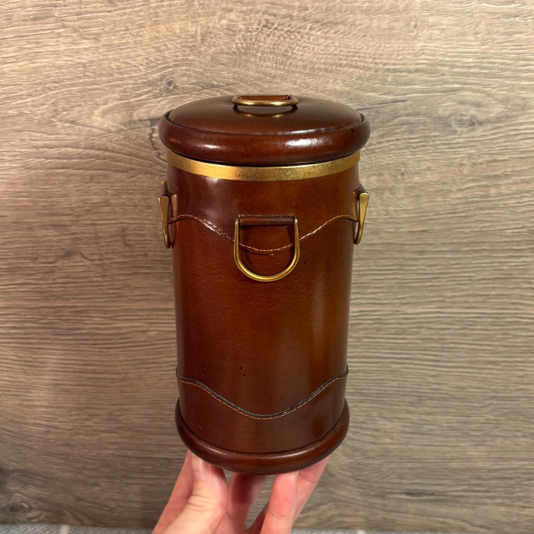 Vintage Brown Faux Leather Tall Round Lidded Pot With Mini Decorative ...
