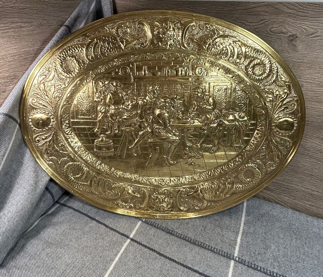 Vintage Giant Hammered Brass Embossed Wall Decor Plaque Hanging Made in ...