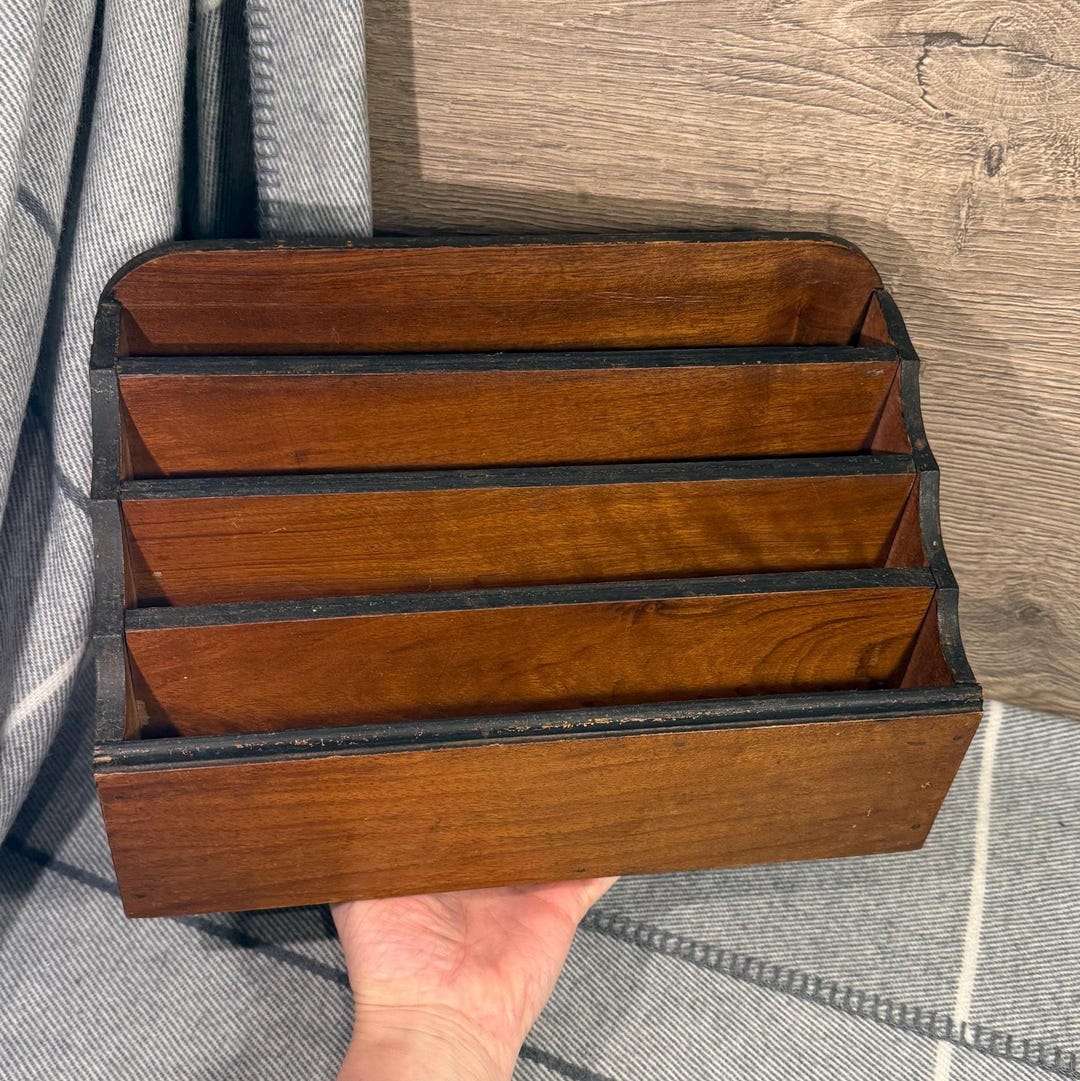 Vintage Hand Crafted Brown Wood Desk Tidy Letter Rack Organiser | Retro ...
