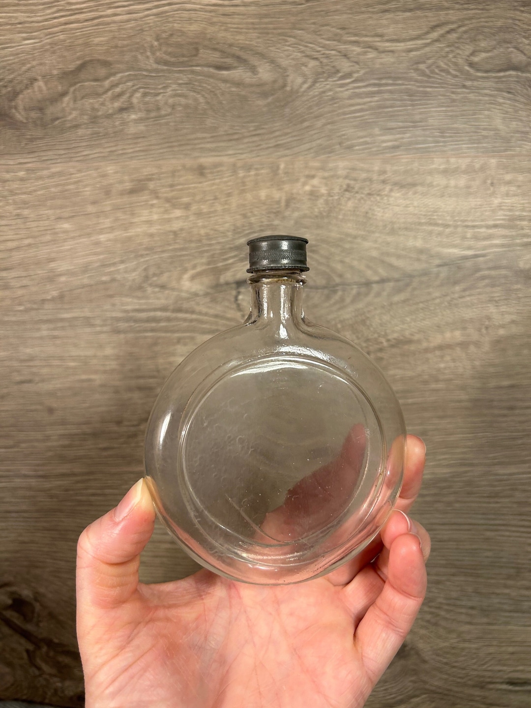 Vintage Antique Collectible Clear Glass Small Round Flat Bottle Hip ...