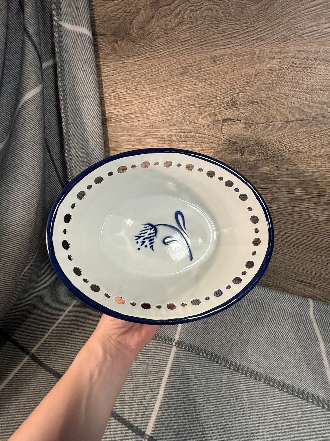 Vintage IKEA Arv Idyll Blue & White Pierced Round Hole Edge Stencilled ...