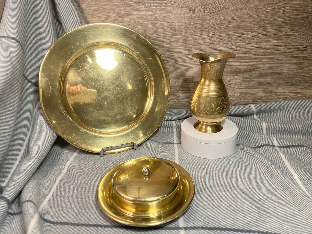 Vintage Mid Century Old Brass Bundle of 3: Hand Engraved Vase, Large ...