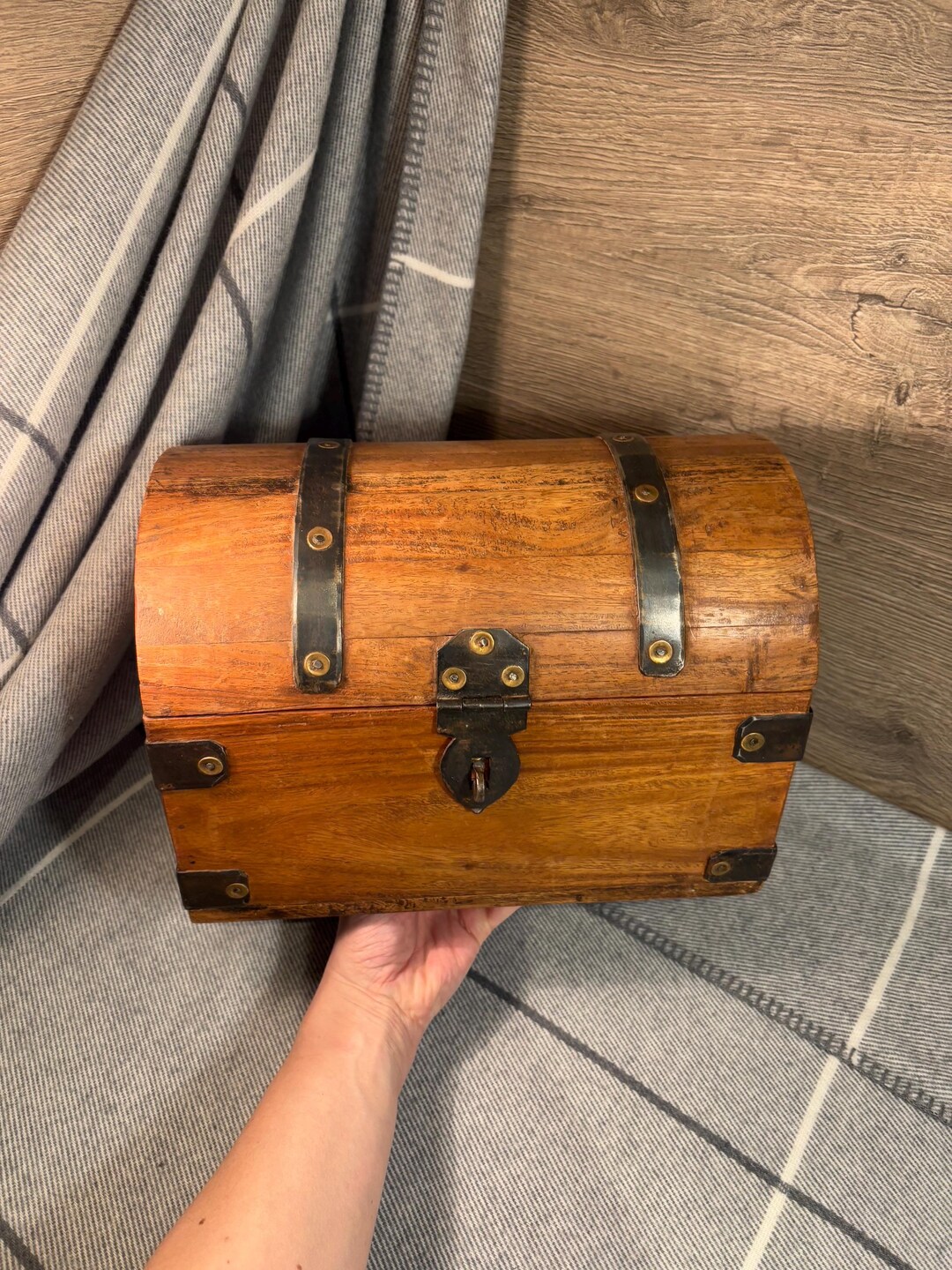 Vintage Pirate's Wood & Forged Iron Hardware Treasure Chest With Chain ...