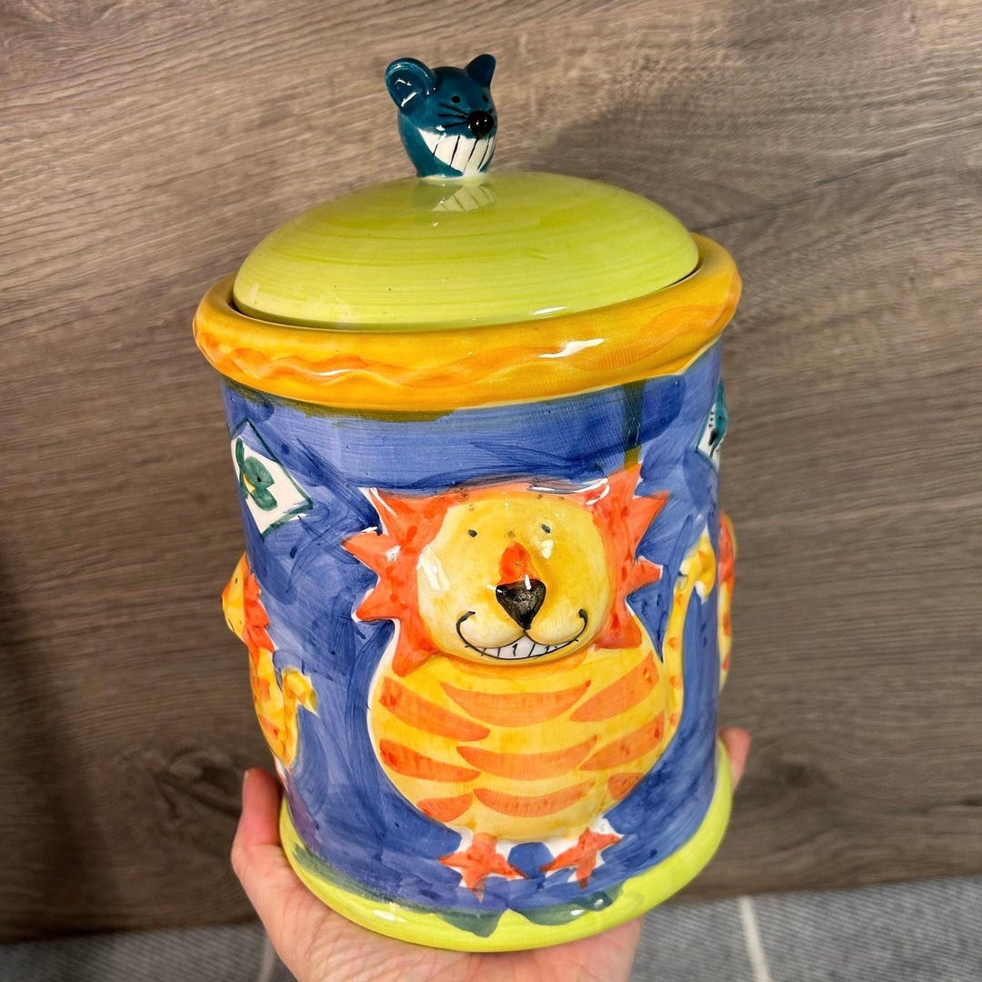 Vintage Rayware Hand Painted Whimsical Stripy Ginger Cat & Emerald ...