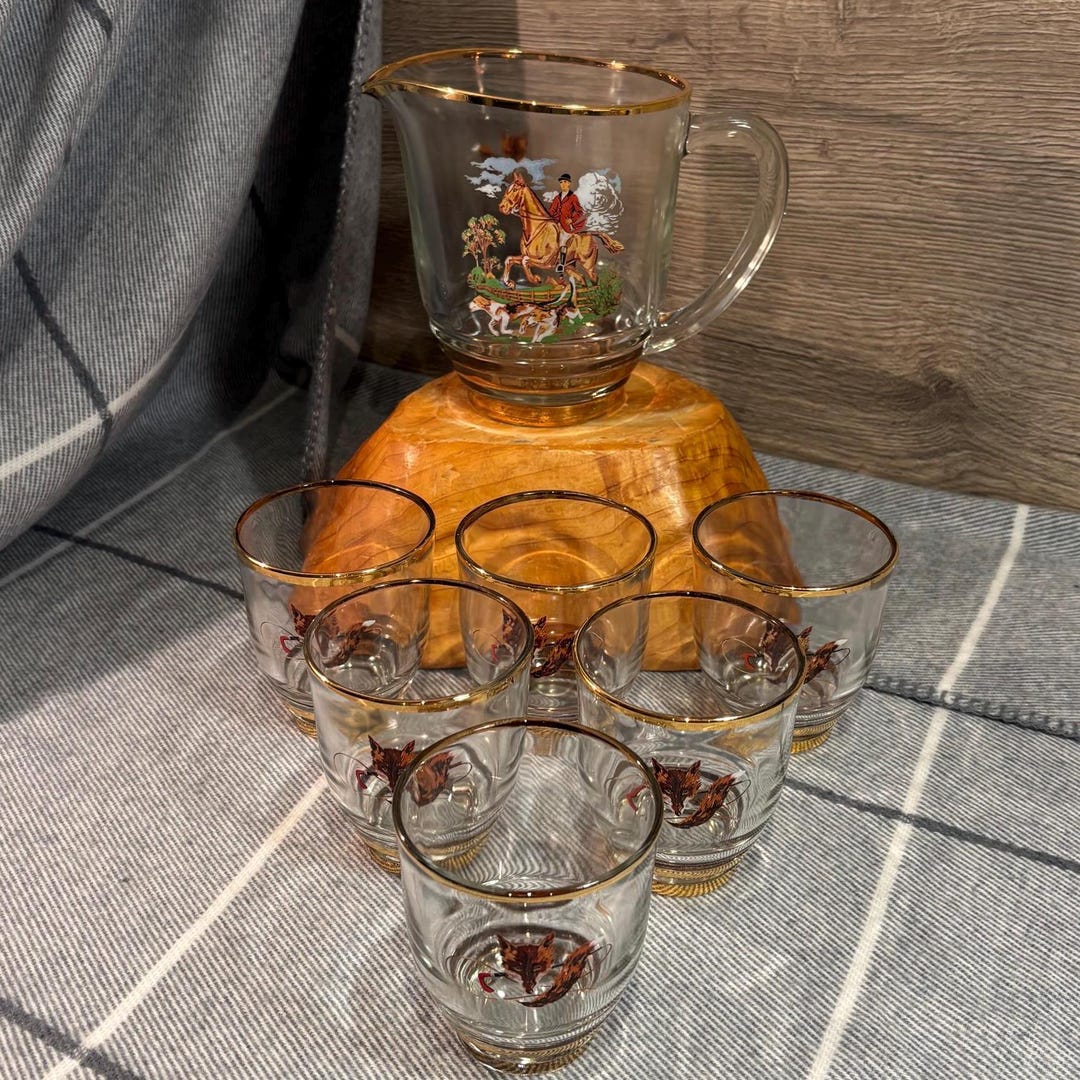 Vintage Fox Hunting Glass Gilded Glass Pitcher Set With 6 Matching ...