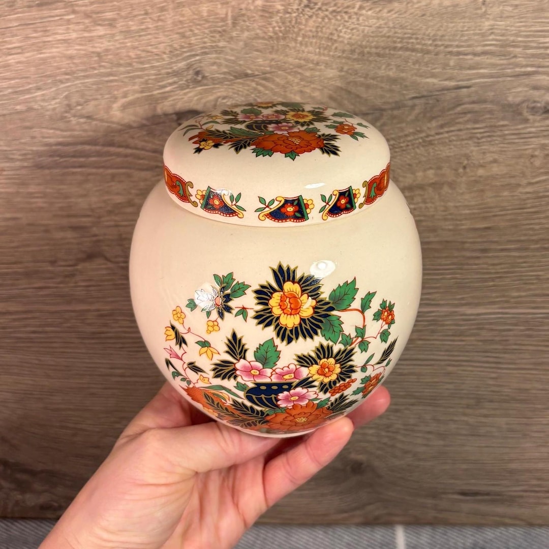 Vintage Sadler Lidded Round Ginger Jar | Orientally Inspired Floral ...