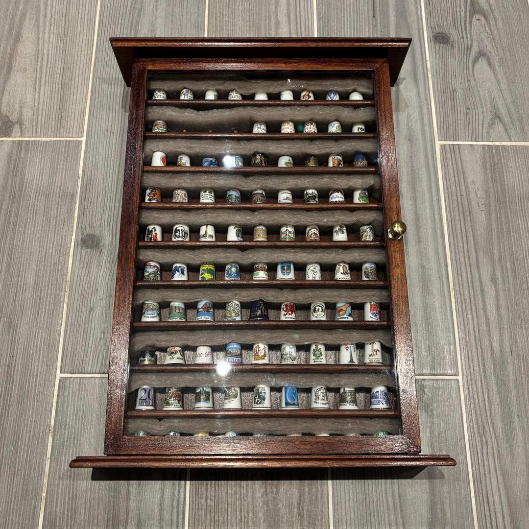 Vintage 90 Thimble Brown Wood Display Box Large Wooden Thimbles ...