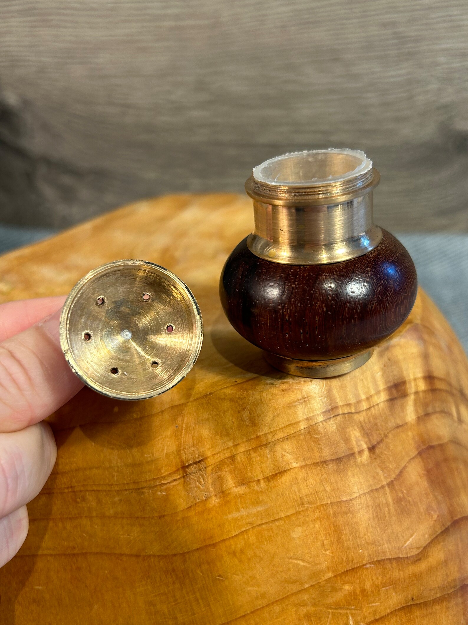 Vintage Brass and Walnut Gold Tone Wooden Salt and Pepper Shakers- 1 is ...