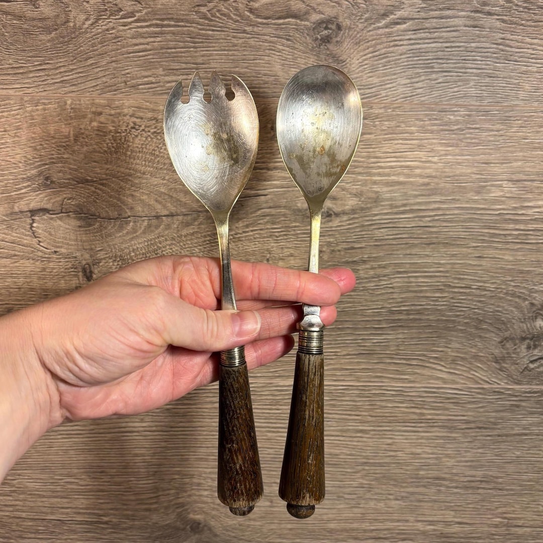 Vintage EPNS & Wood Handled Salad Serving Spoon and Fork Set | Rustic ...