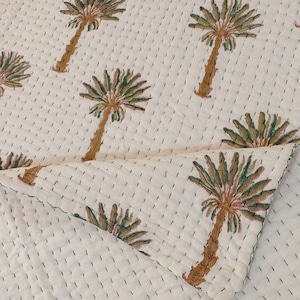 Palm Tree Handblock Printed Cotton Kantha Quilt, Handmade Cotton ...
