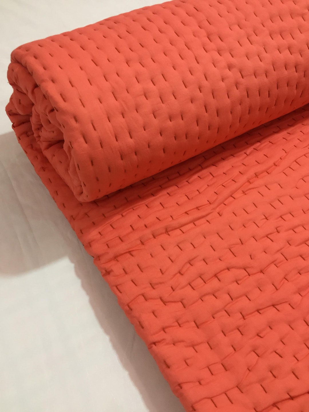 Both Side Rust Orange Kantha Quilt, Handmade Blanket, Lightwight ...