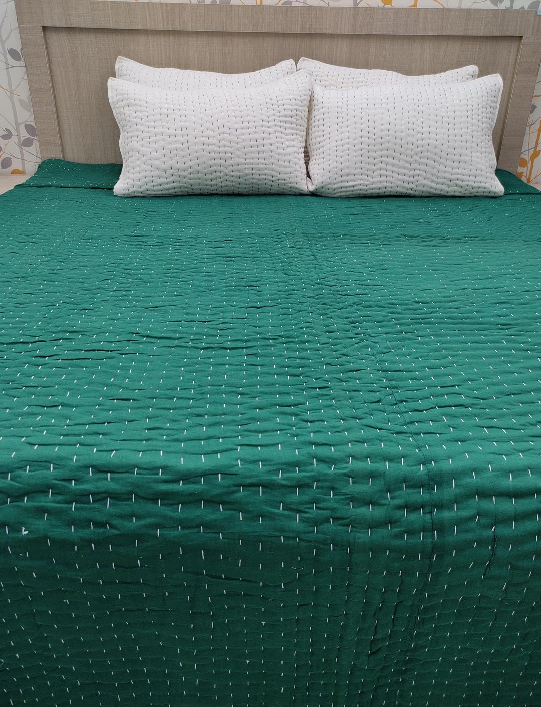 White Thread Kantha Quilt, Both Side Drak Green Kantha Quilt, Handmade ...