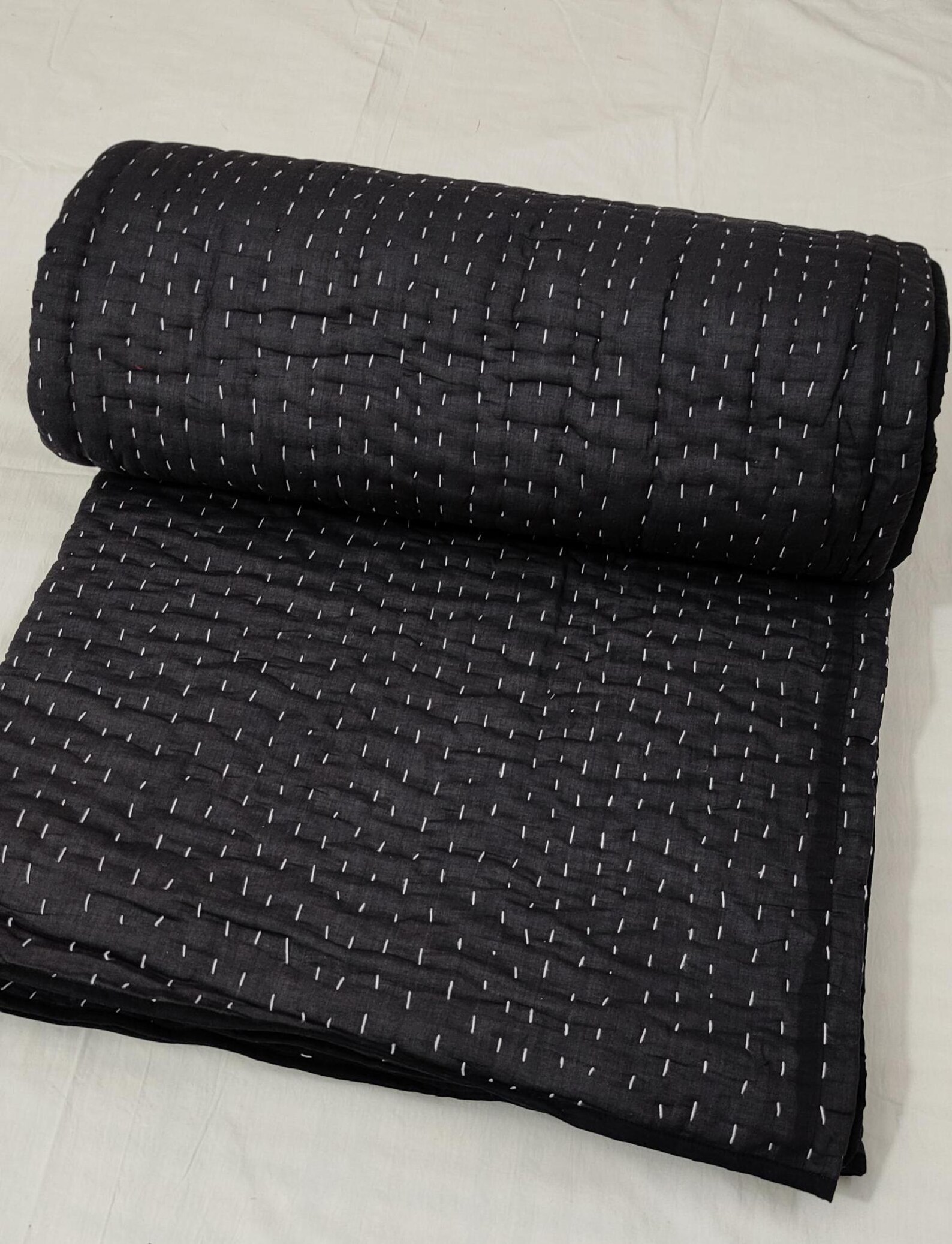 Black With White Thread-stitching Kantha Quilt, Handmade Cotton Blanket ...